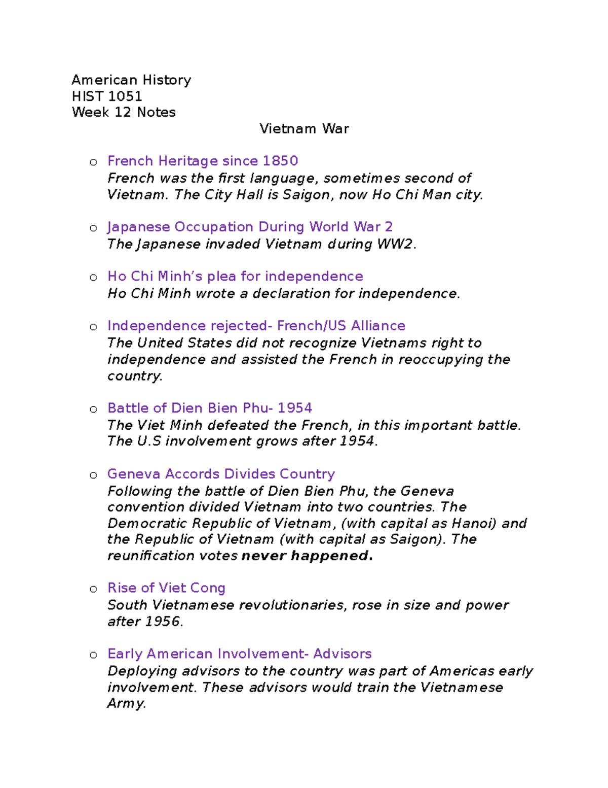 HIST Week 11 Notes. - American History HIST 1051 Week 12 Notes Vietnam ...