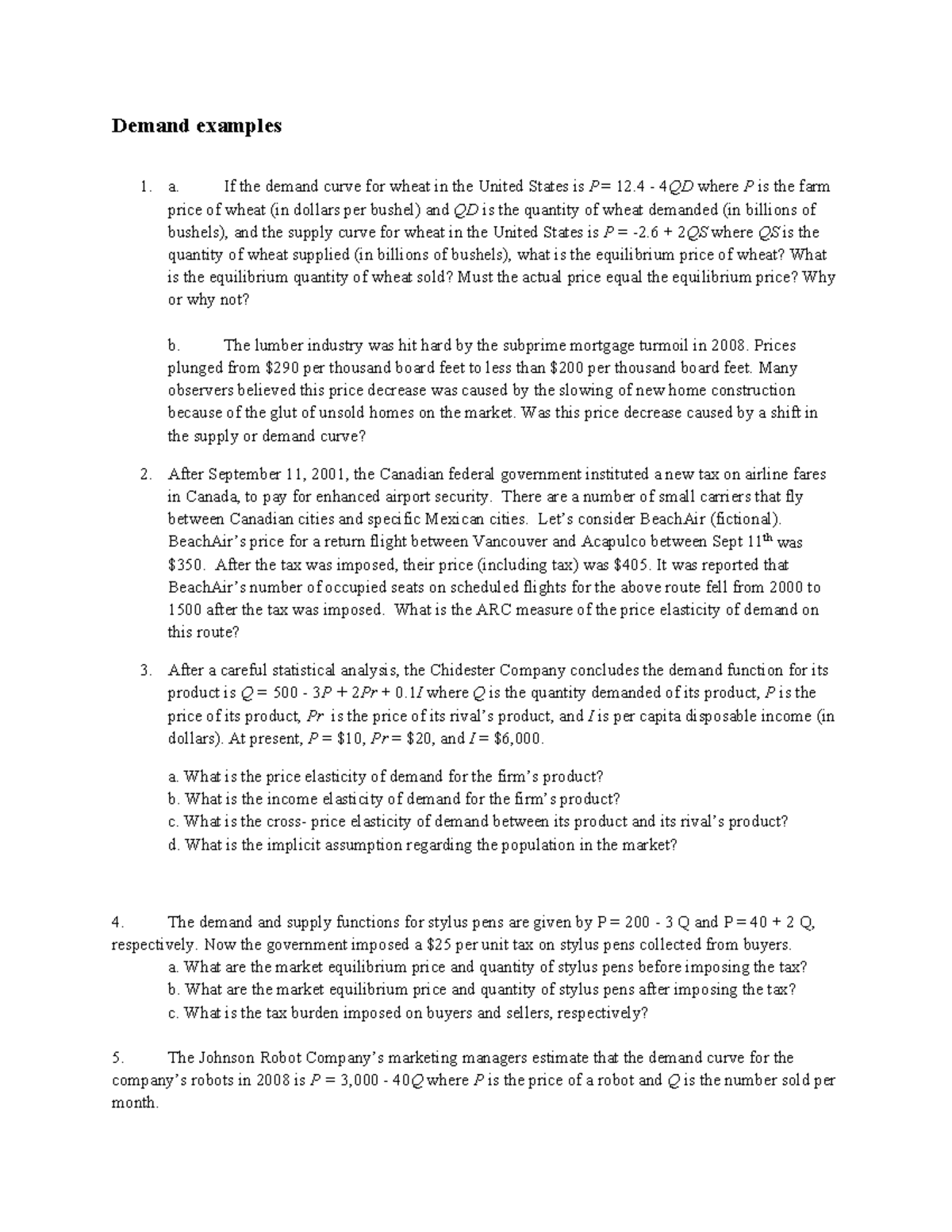 Demand examples - If the demand curve for wheat in the United States is ...