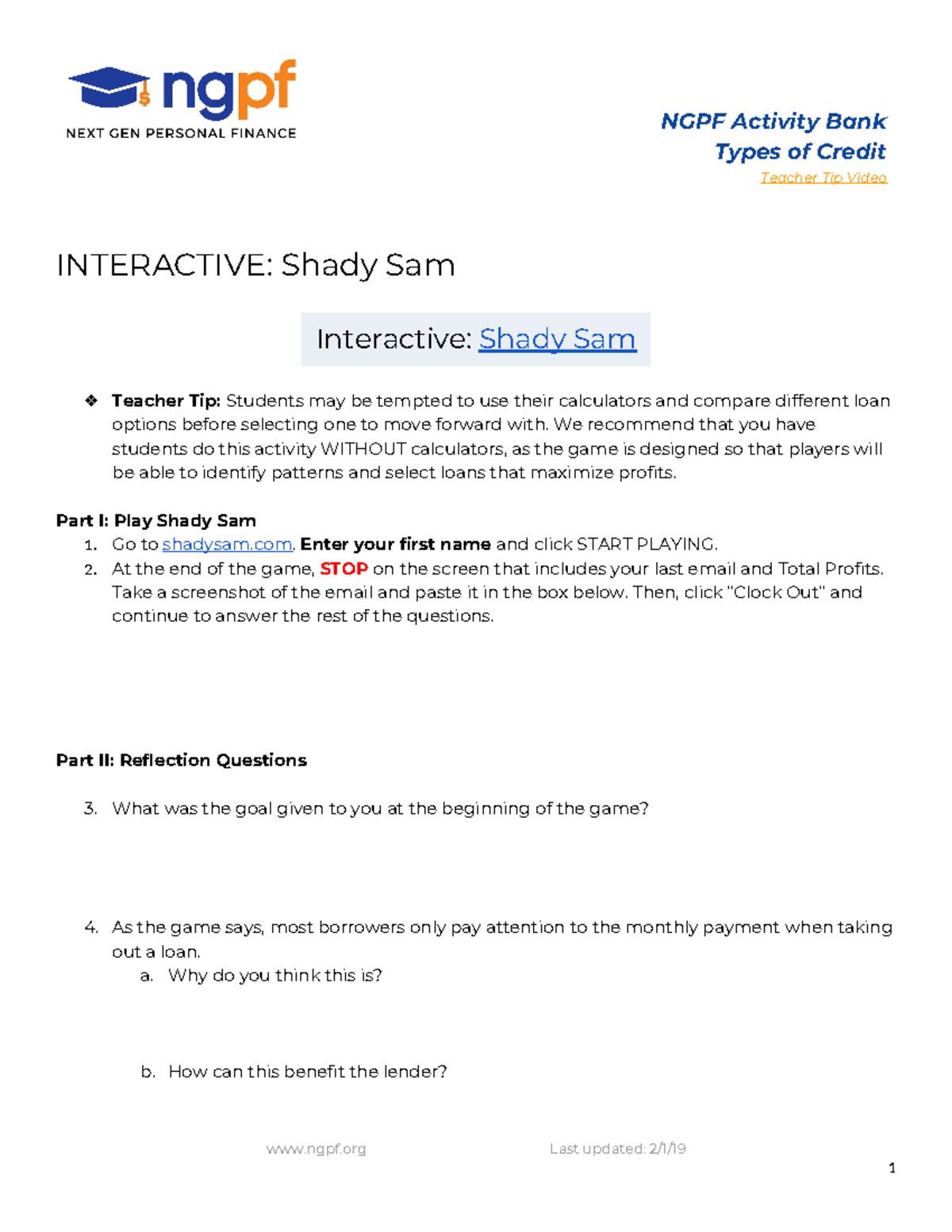 Interactive Shady Sam - n/a - NGPF Activity Bank Types of Credit ...