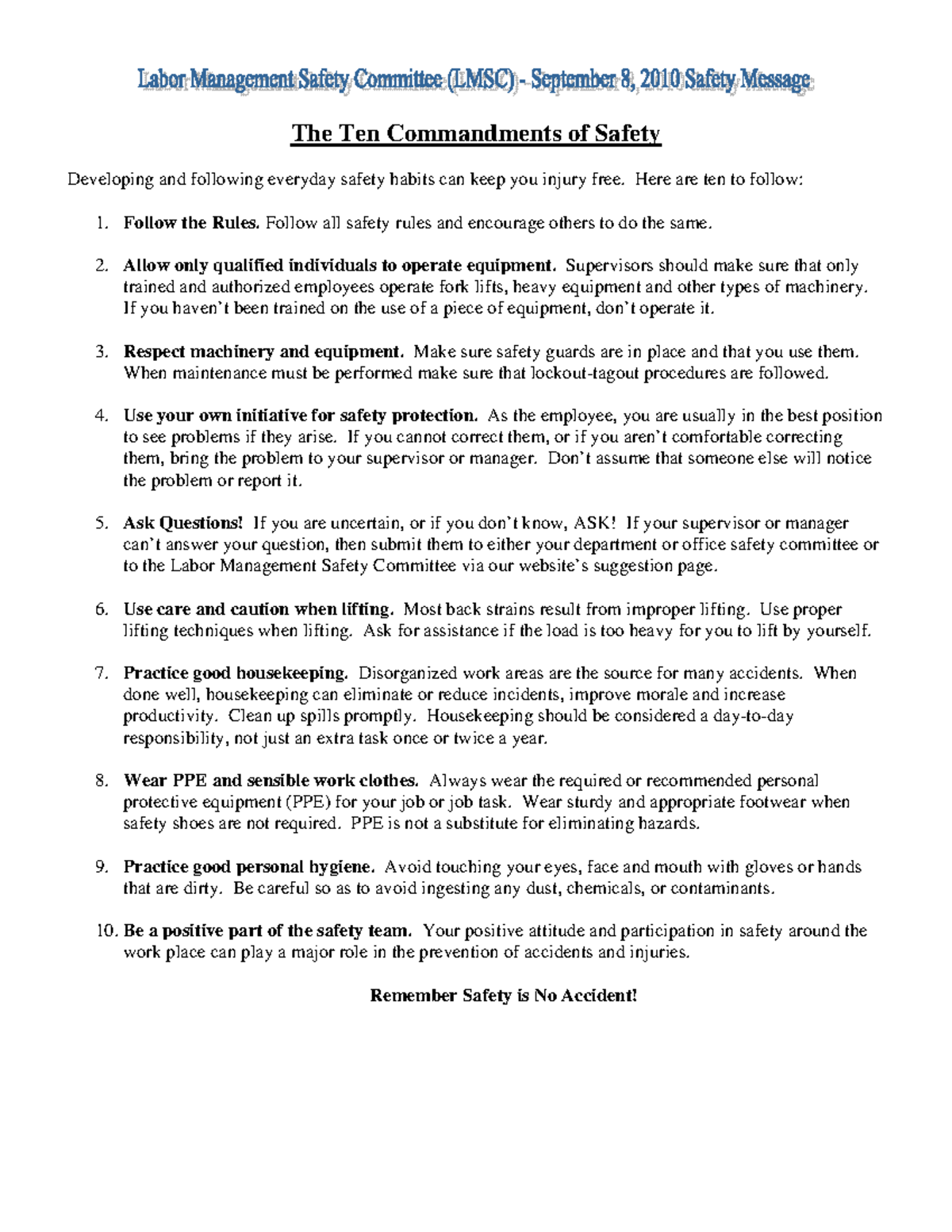 Microsoft Word - 9.8.10 safety message - The Ten Commandments of Safety ...