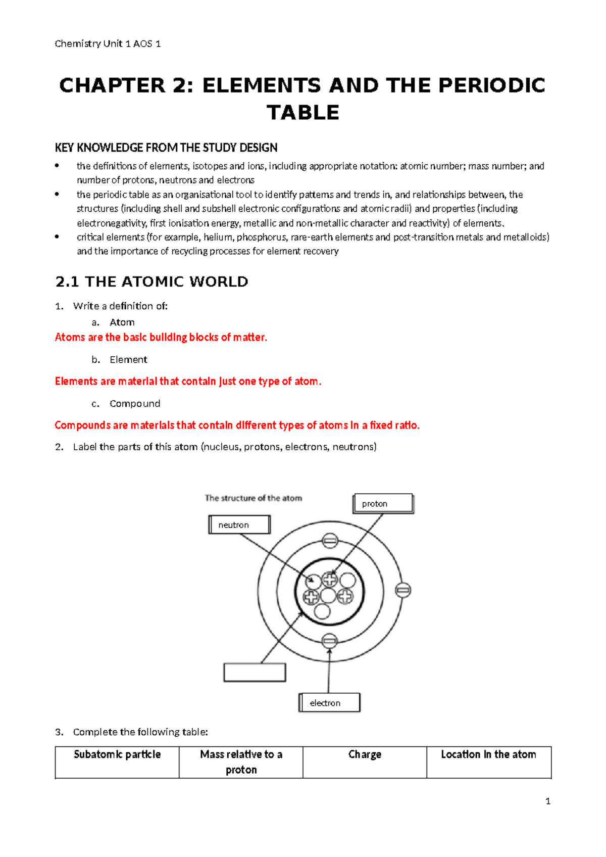 ELEMENTS AND THE PERIODIC TABLE - Chemistry Unit 1 AOS 1 CHAPTER 2 ...