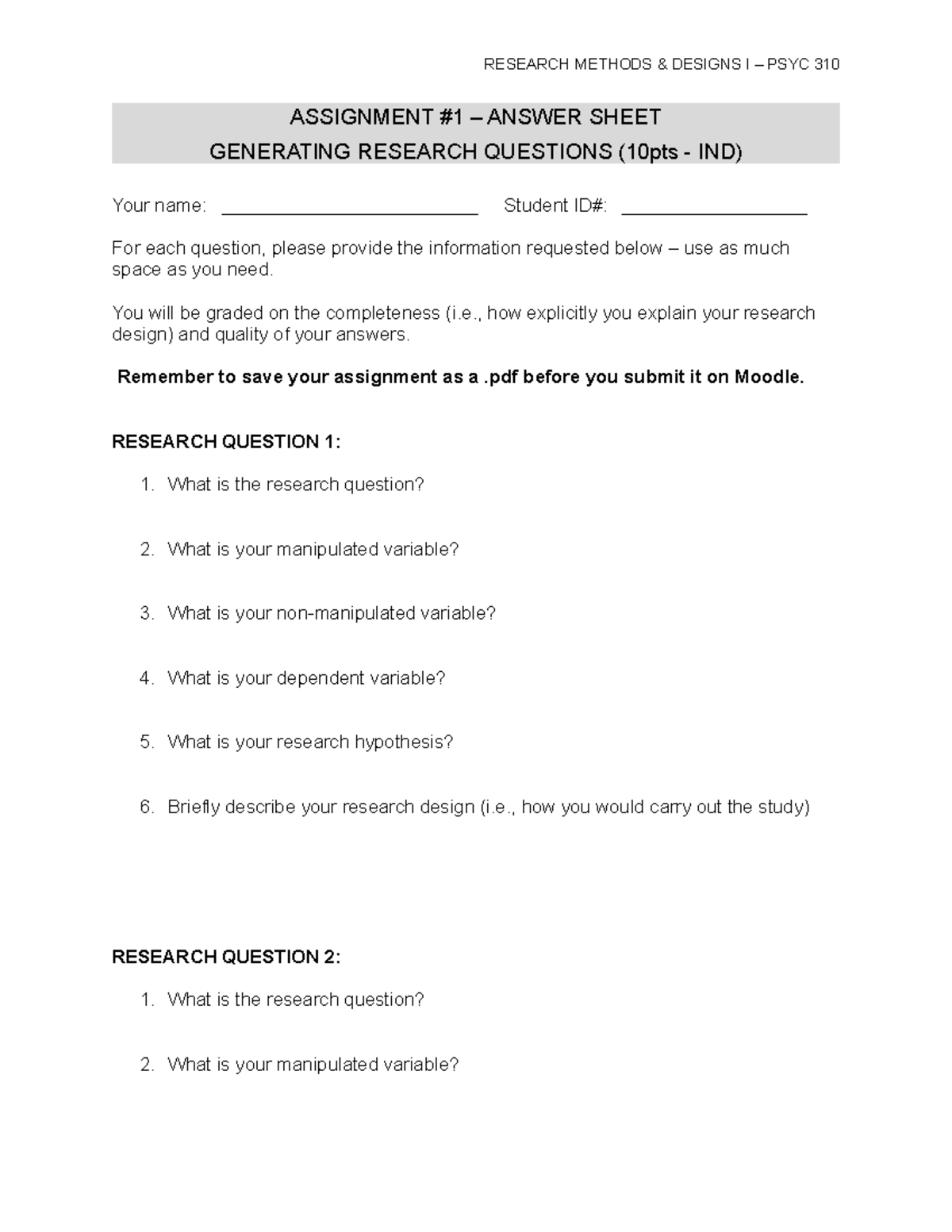 Assignment 1 - Generating Research Questions - Answer sheet - Winter ...