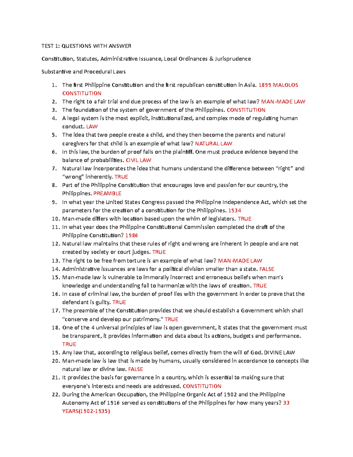 Social Sciences Test with Answers - Concepts of Law - social studies ...