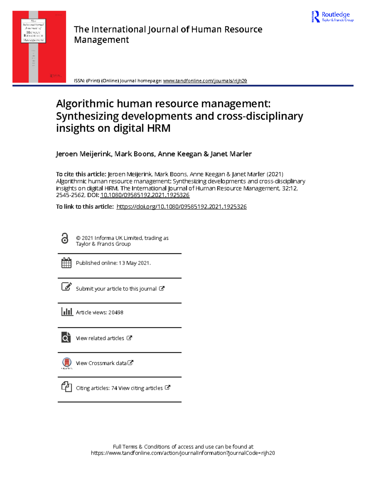 Algorithmic human resource management Synthesizing developments and cross-disciplinary insights ...