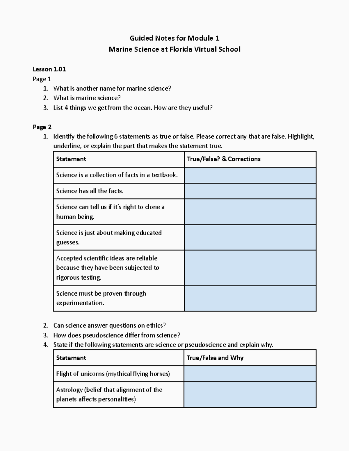 Copy of Module 1 Guided Notes Marine Science at FLVS - Guided Notes for ...
