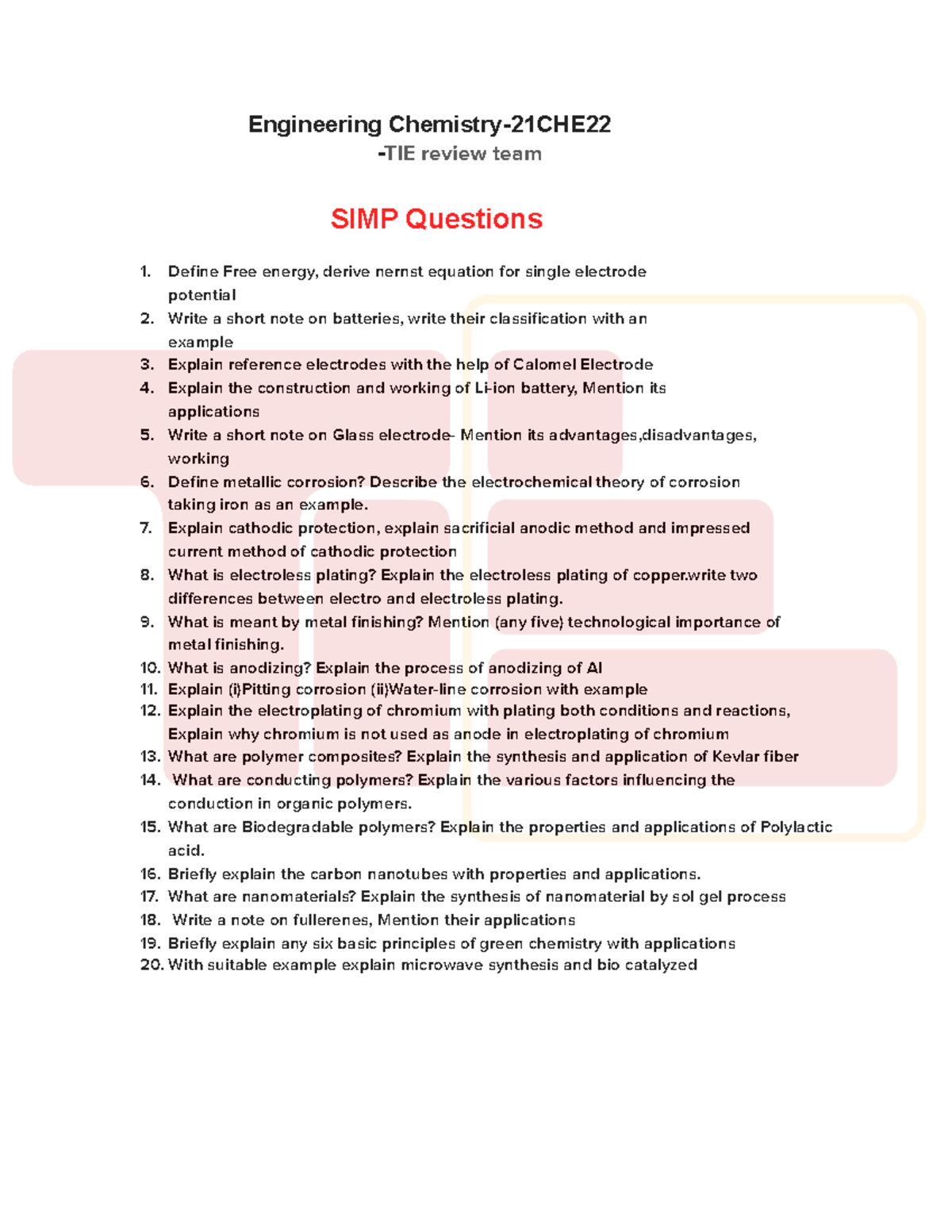 Engg chem-Super Important questions - Engineering Chemistry-21CHE - TIE ...