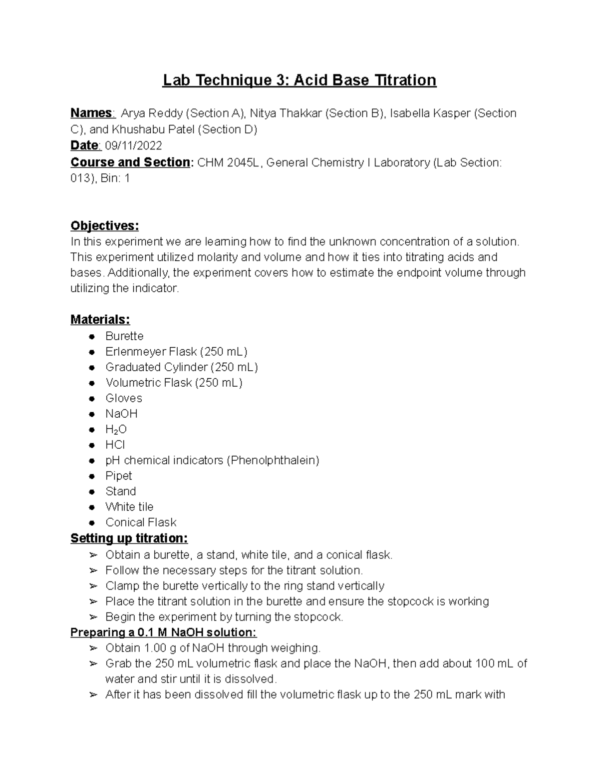 Pre Lab #3 - Pre Lab 3 - Lab Technique 3: Acid Base Titration Names ...