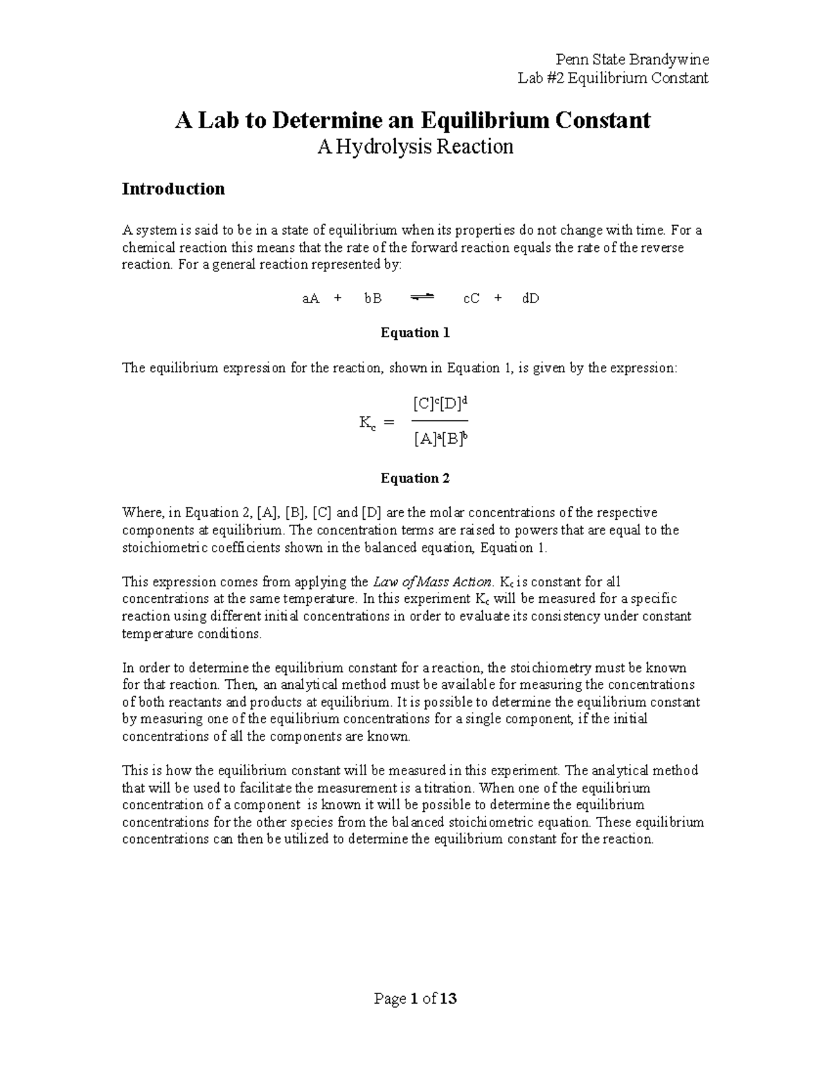 Equilibrium Experiment Procedure, Data Sheets and Postlabv 3 - Lab #2 ...
