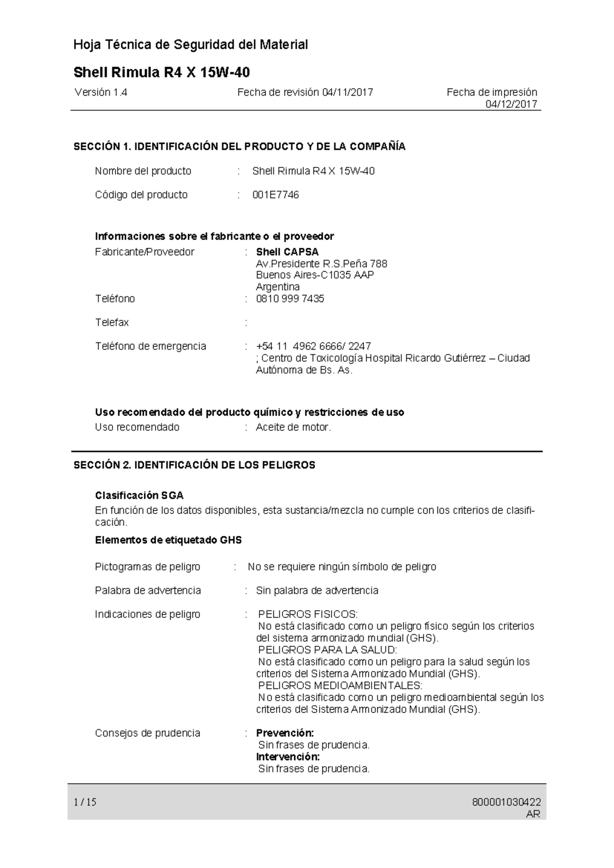 Sds Shell Rimula R4 X 15W-40 - Shell Rimula R4 X 15W- Versión 1 Fecha ...