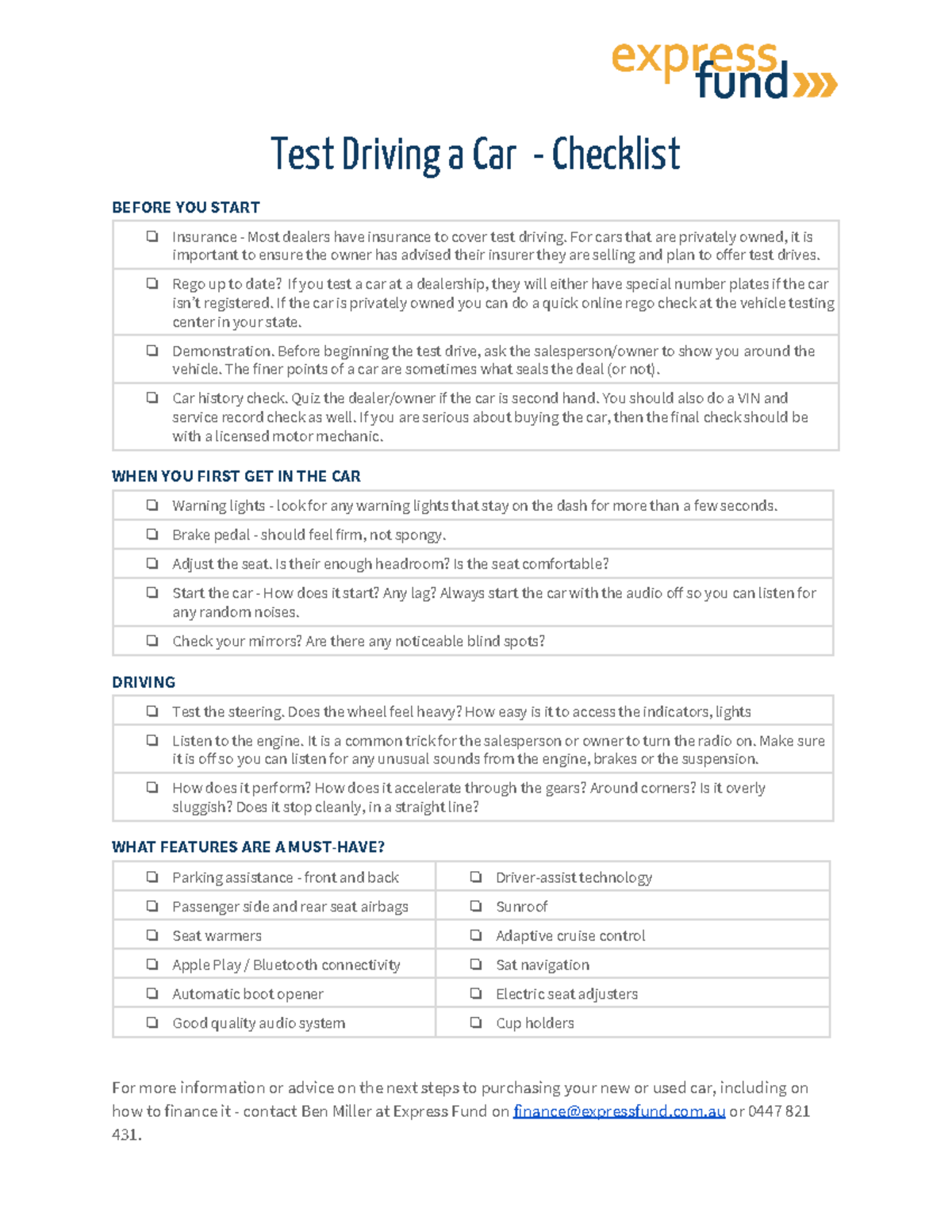 Test Driving a Car Checklist - Test Driving a Car - Checklist BEFORE ...