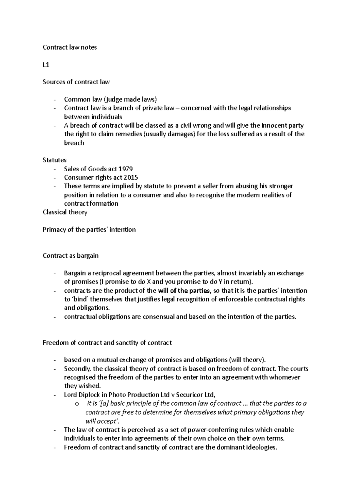 Contract law notes - Contract law notes L Sources of contract law ...