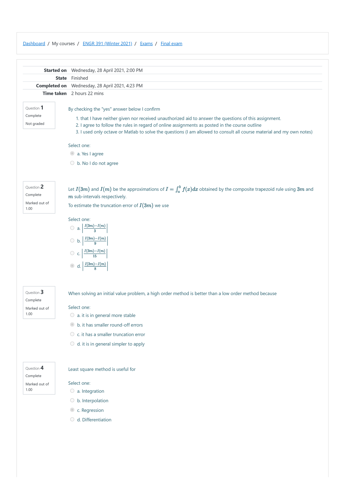 Final exam 2021-ENGR391 - Dashboard / My courses / ENGR 391 (Winter 2021) / Exams / Final exam ...