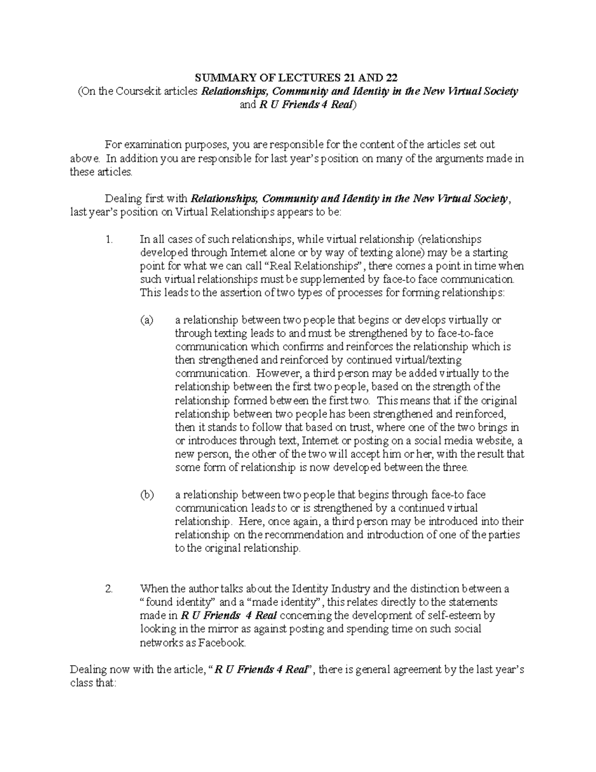 Lectures 21 and 22 notes - SUMMARY OF LECTURES 21 AND 22 (On the ...