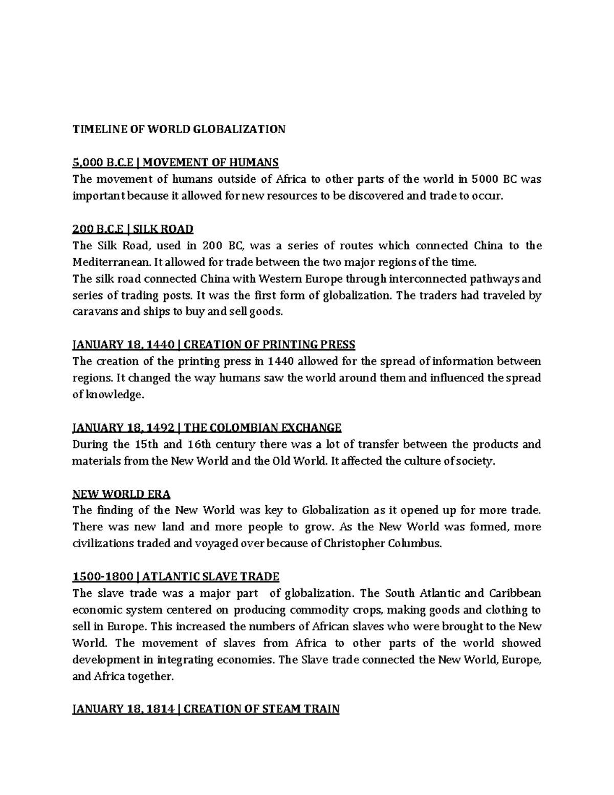 Timeline of World Globalization - TIMELINE OF WORLD GLOBALIZATION 5,000 ...