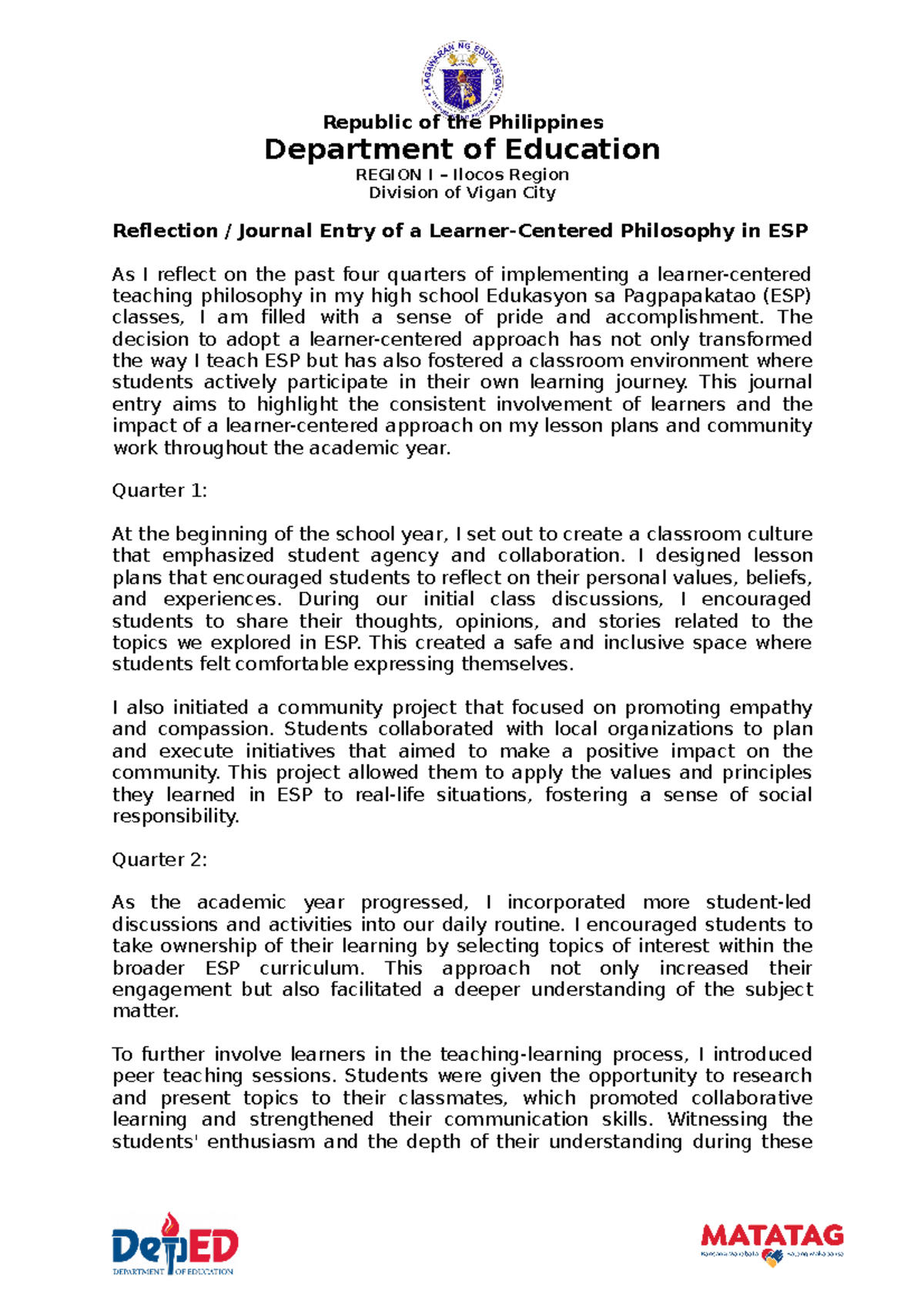 Reflection Journal Entry in Espsample ONLY - Republic of the ...