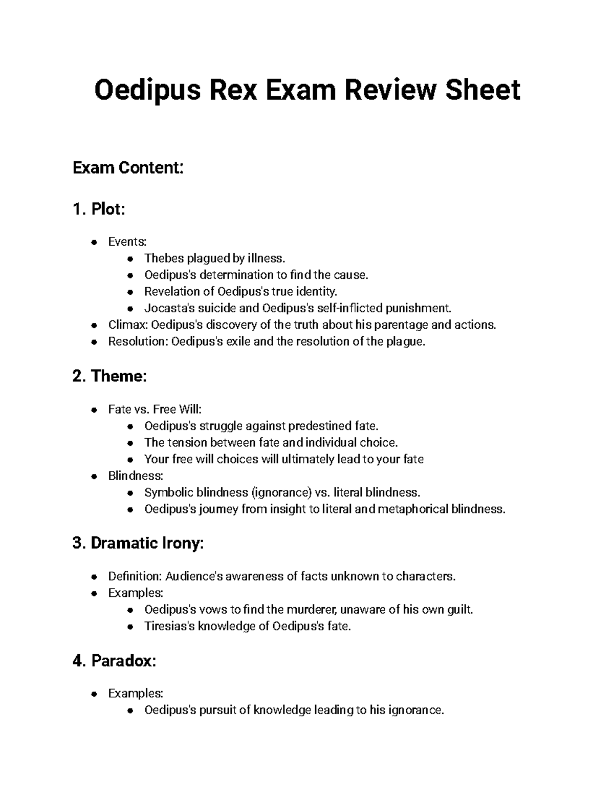 Oedipus Rex Exam Review Sheet - Plot: Events: Thebes plagued by illness ...