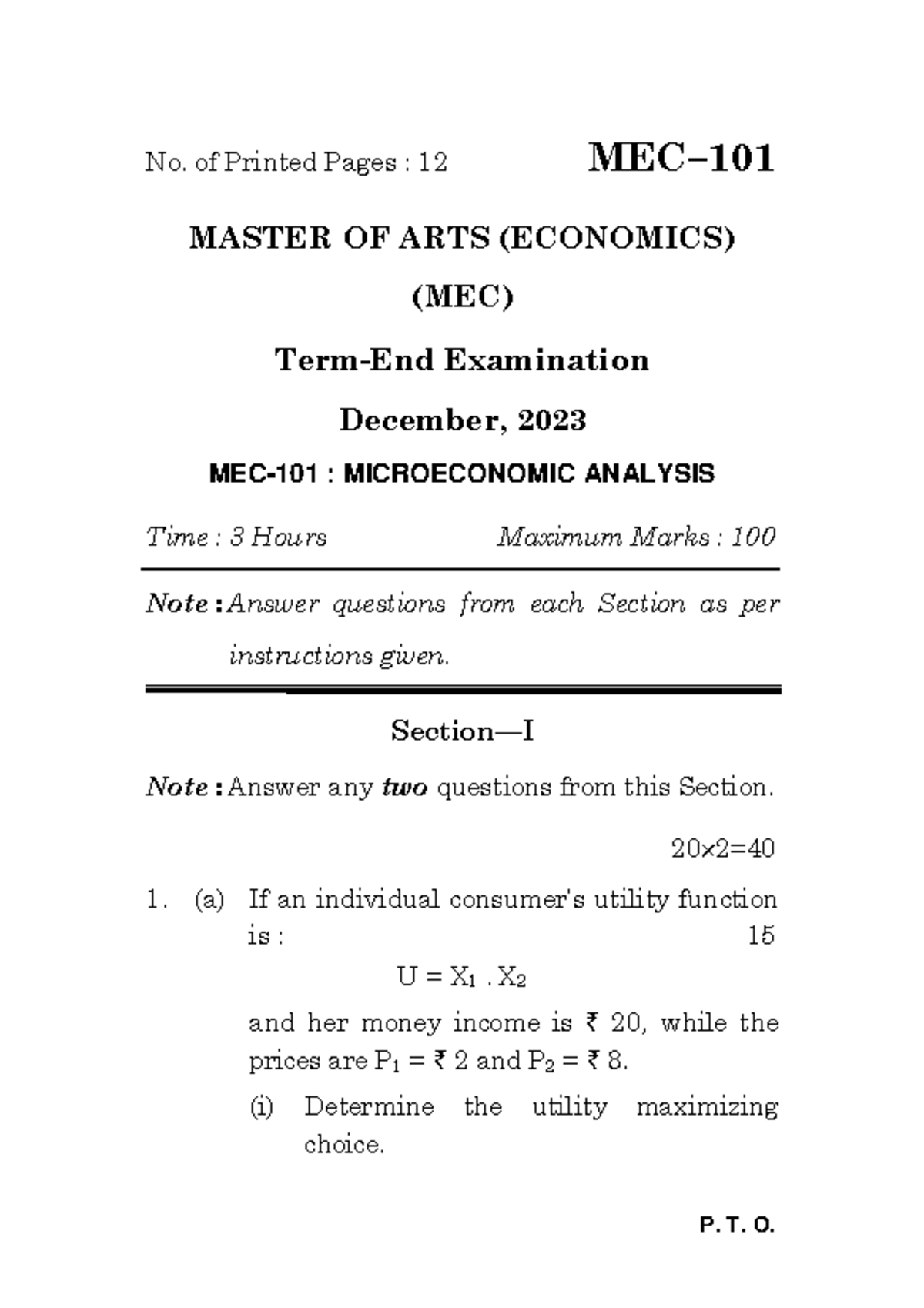 MEC-101 - MEC 101 - P. T. O. No. of Printed Pages : 12 MEC– 101 MASTER OF ARTS (ECONOMICS) (MEC ...