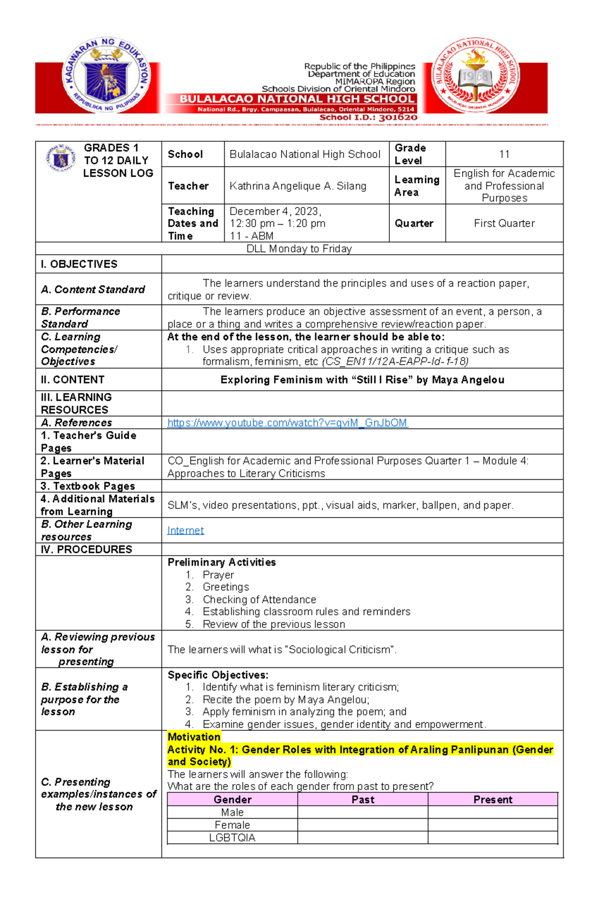 DLL Observation 1 - DLL for CO 1st Quarter EAPP - GRADES 1 TO 12 DAILY ...