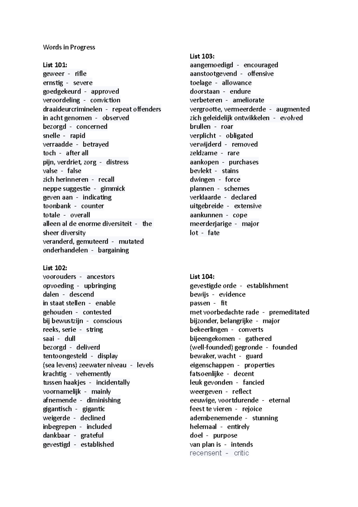 Words in Progress 101-125 - Words in Progress List 101: geweer - rifle ...