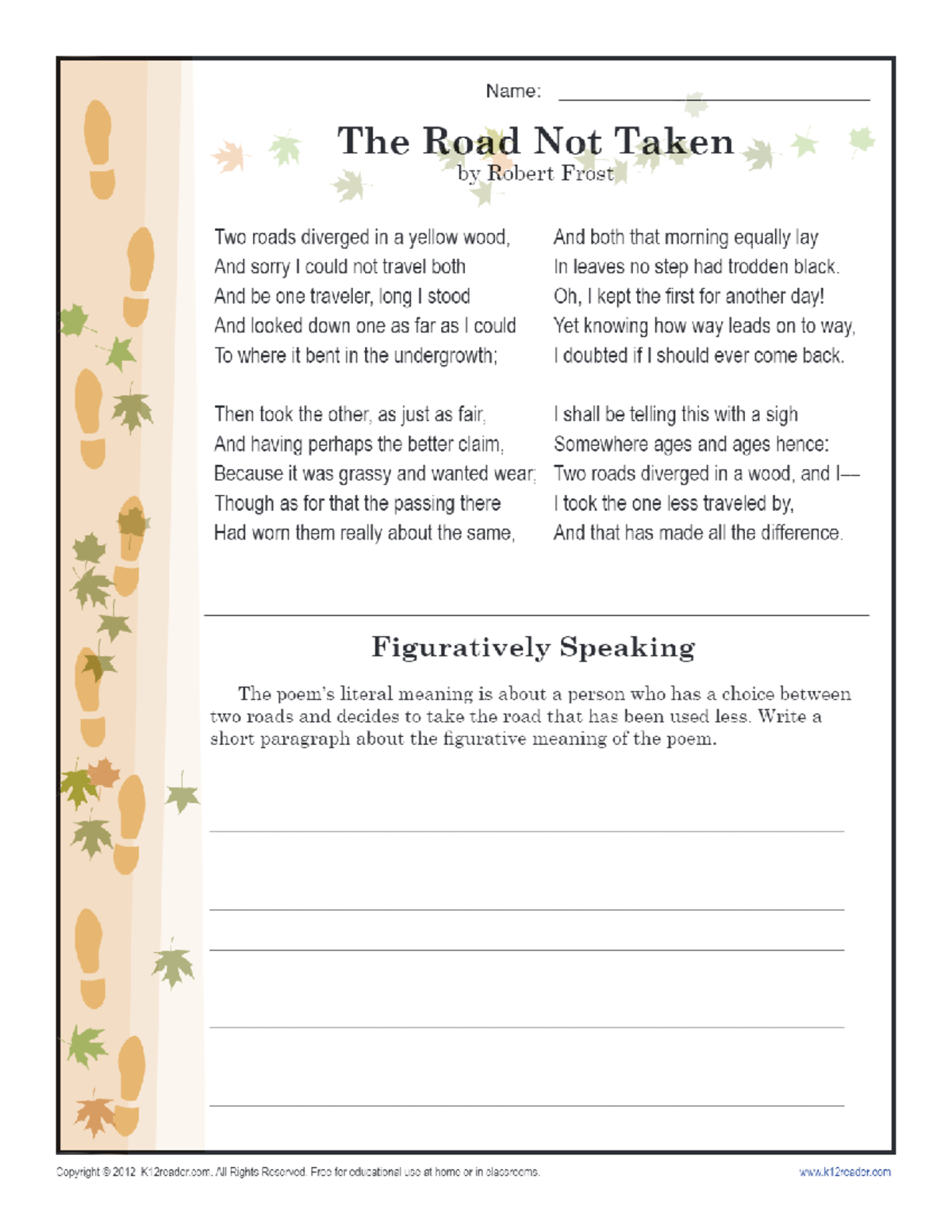 The Road Not Taken 7th Grade Reading Comprehension Worksheet - Social ...