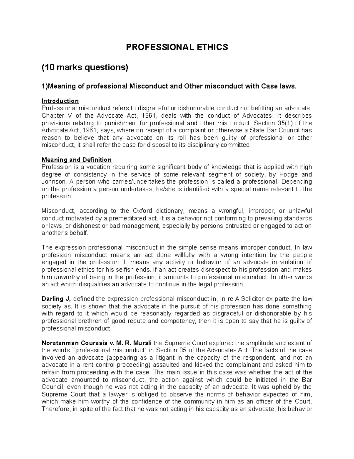 Professional Ethics - PROFESSIONAL ETHICS (10 marks questions) 1 ...
