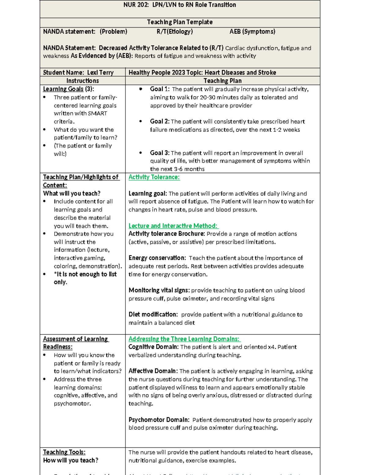 Teaching Plan- Heart Disease and Stroke - NUR 202: LPN/LVN to RN Role ...