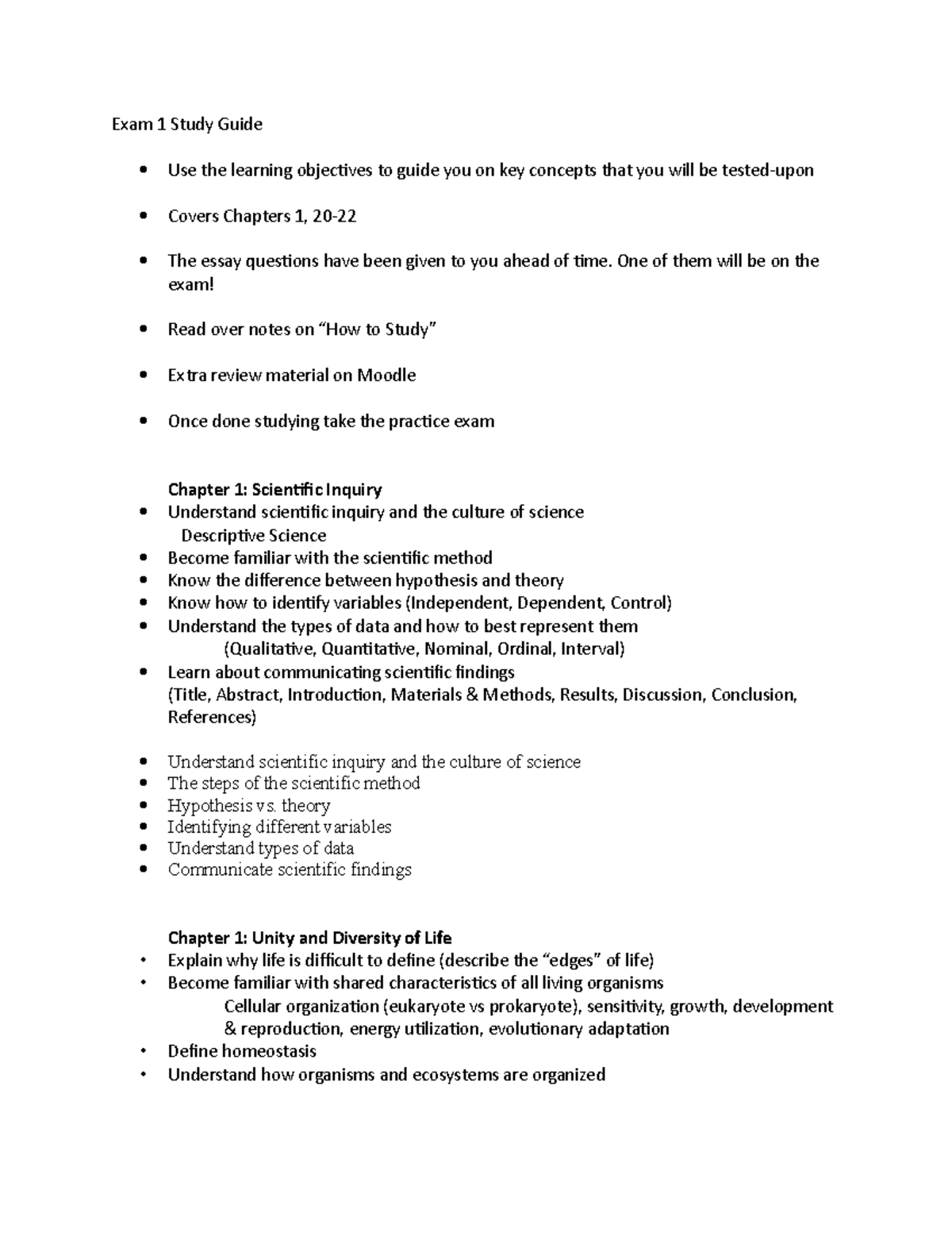 Exam 1 Study Guide - Exam 1 Study Guide Use the learning objectives to ...