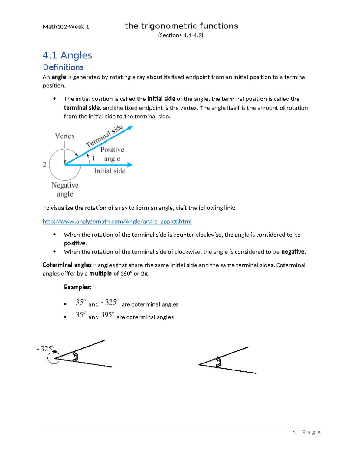 Week 1-The Trigonometric Functions (4 - (Sections 4.1-4) 4 Angles ...