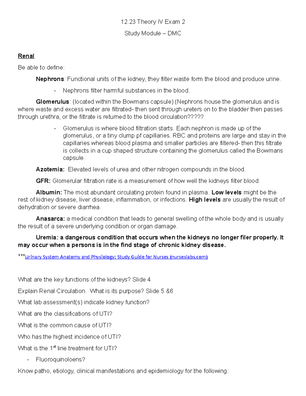 Renal Study module - 12 Theory IV Exam 2 Study Module – DMC Renal Be ...