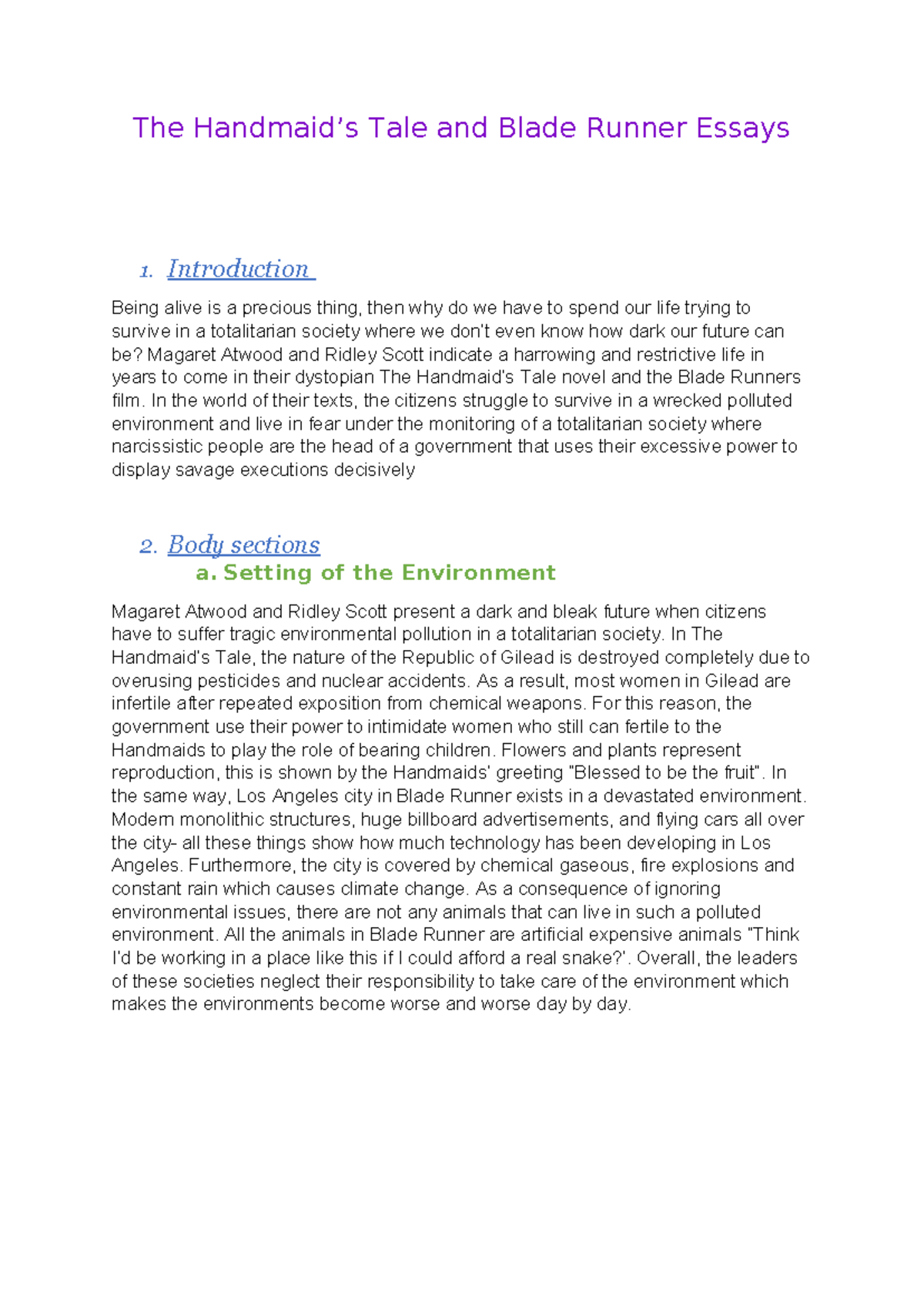 Handmaid's Tale- Blade Runner Essays - The Handmaid’s Tale and Blade ...