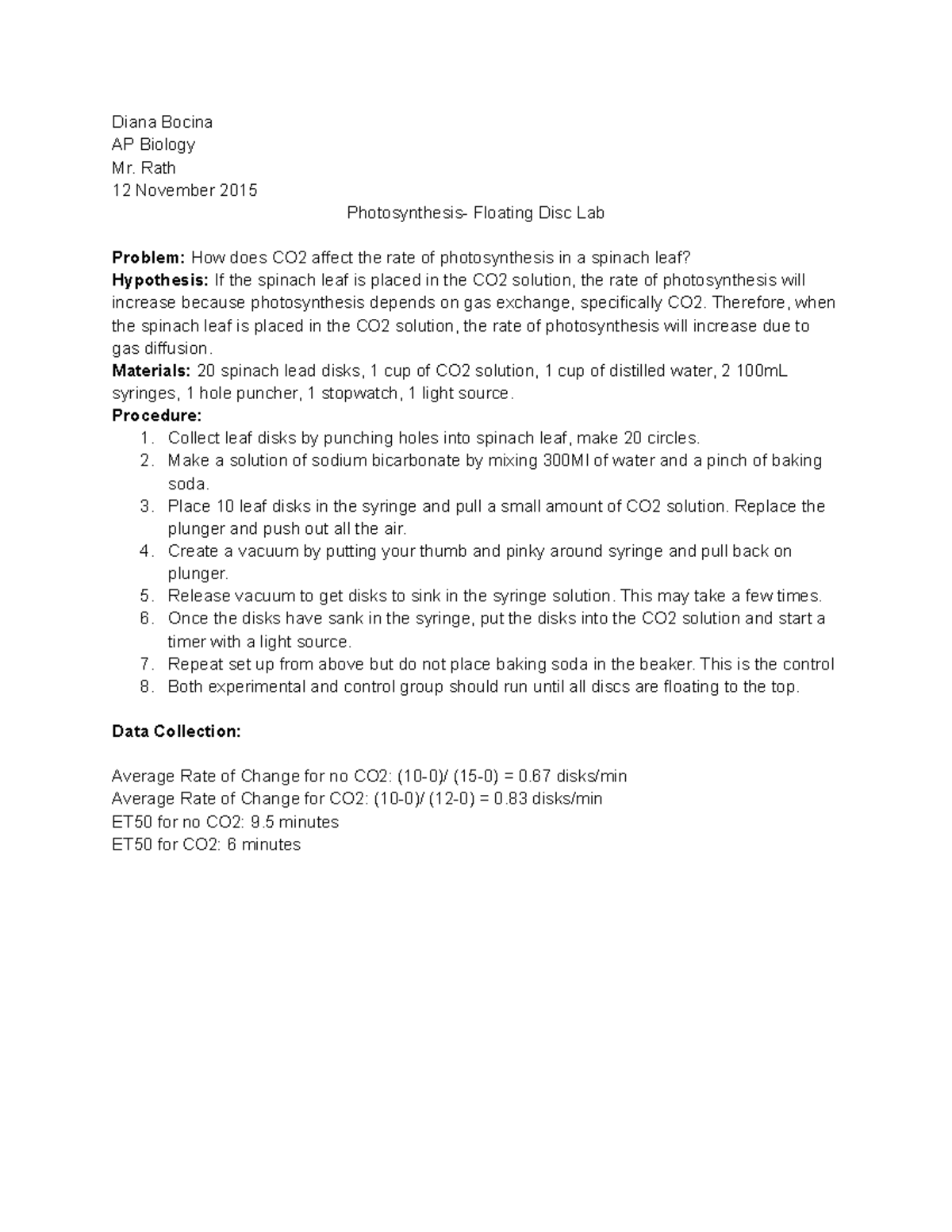 AP Bio Photosynthesis Laboratory 2 - Diana Bocina AP Biology Mr. Rath ...