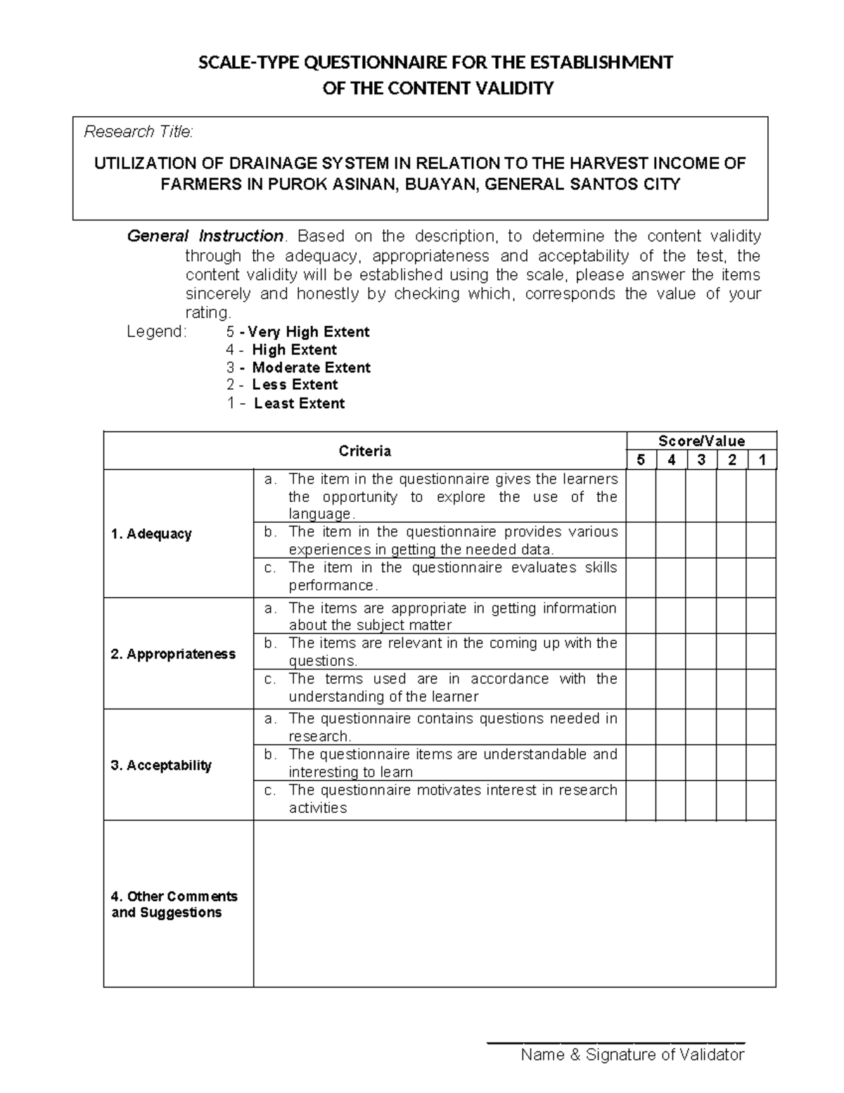 Validation Rating Sheet Final - SCALE-TYPE QUESTIONNAIRE FOR THE ...