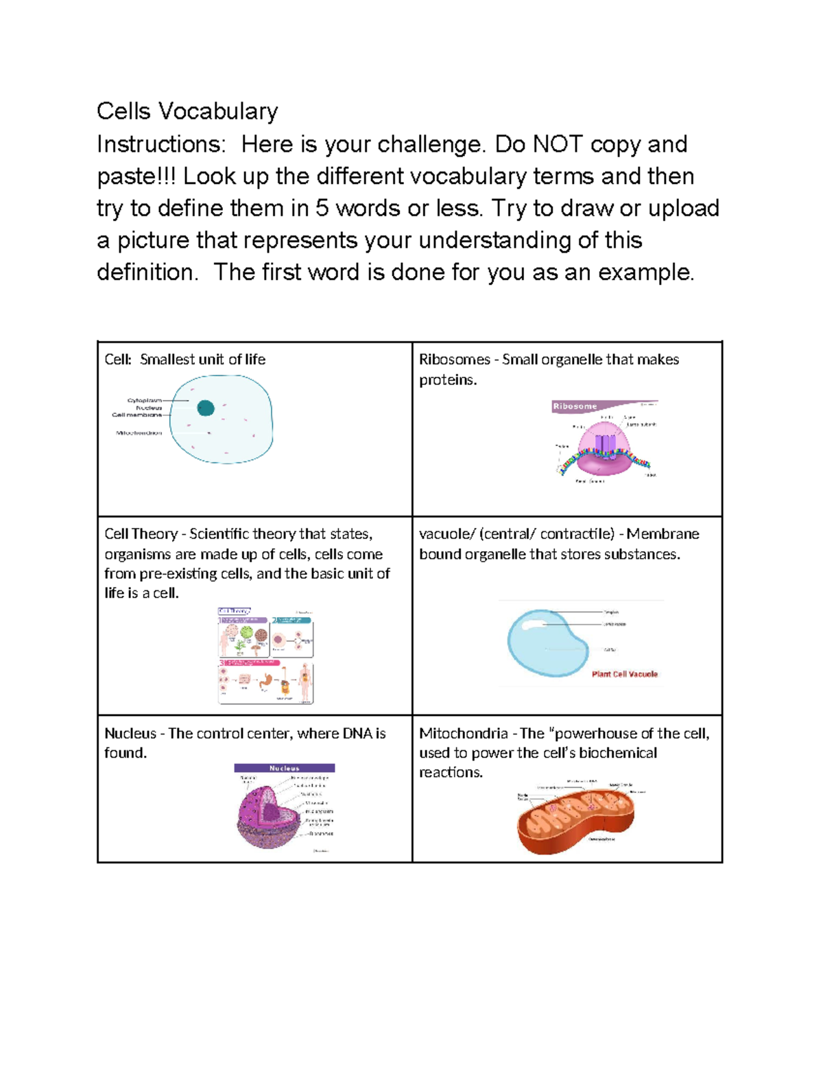 Cells 1 Vocabulary words - Cells Vocabulary Instructions: Here is your ...