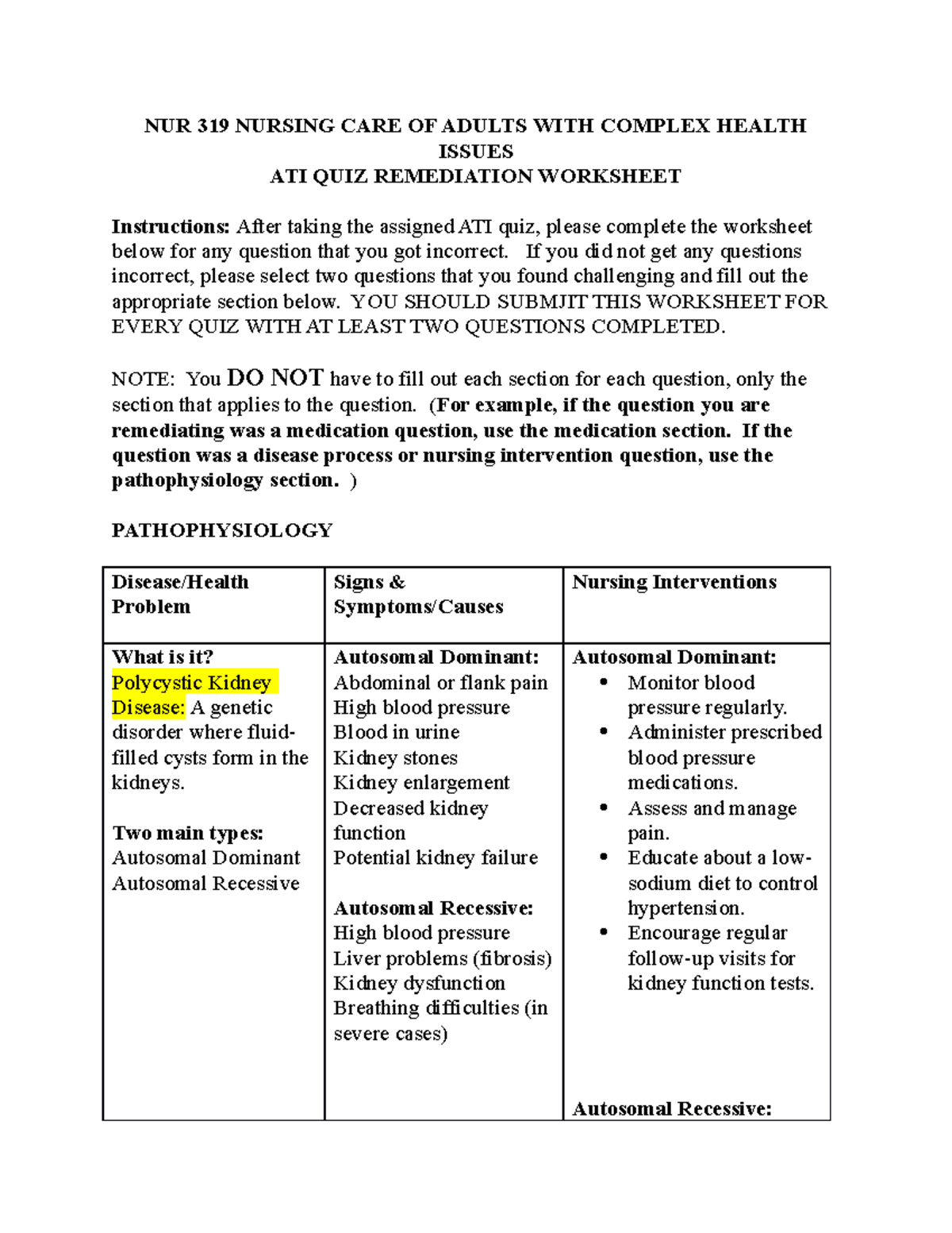ATI Quiz remediation worksheet med surg extra - NUR 319 NURSING CARE OF ...