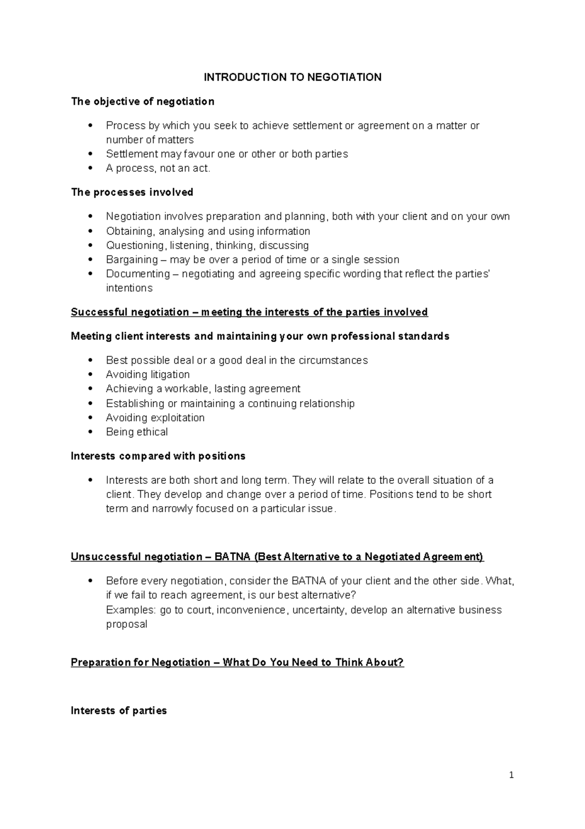 Introduction TO Negotiation- Student outline - INTRODUCTION TO ...
