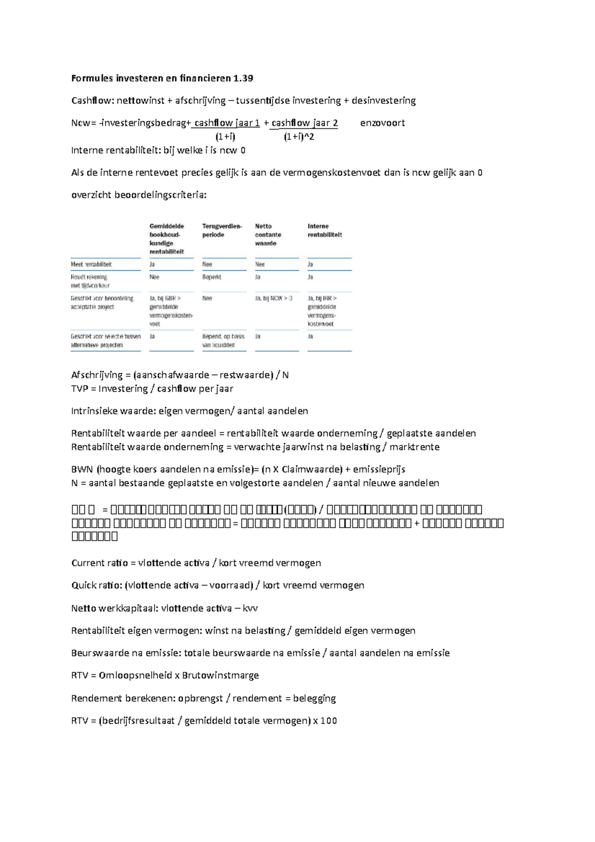 Formules investeren en financieren 1 - Studeersnel