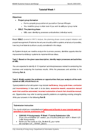 Tutorial - Submission - IS3430 Systems Analysis and Design Tutorial Week 2 Name: TANG Wai Yee ...