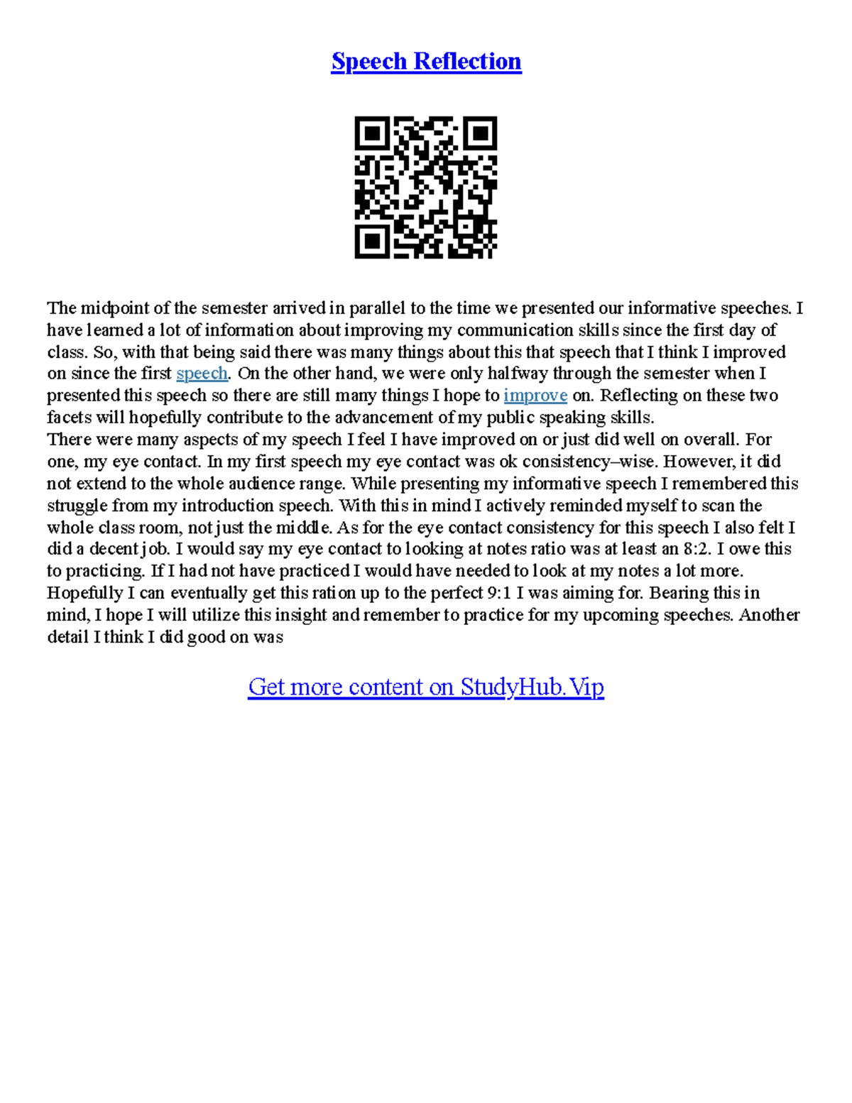 Essay Speech Example - Speech Reflection The midpoint of the semester ...