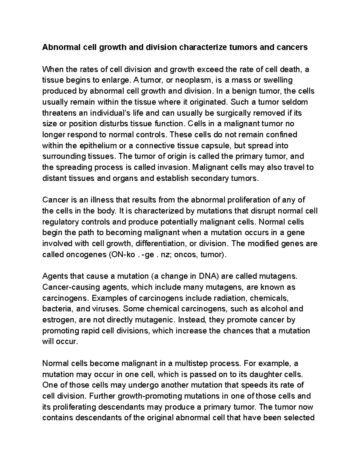 Abnormal cell growth and division characterize tumors and cancers - A ...