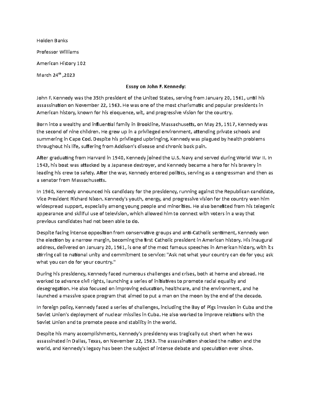 Document 47 - John F. Kennedy Assignment - Holden Banks Professor ...
