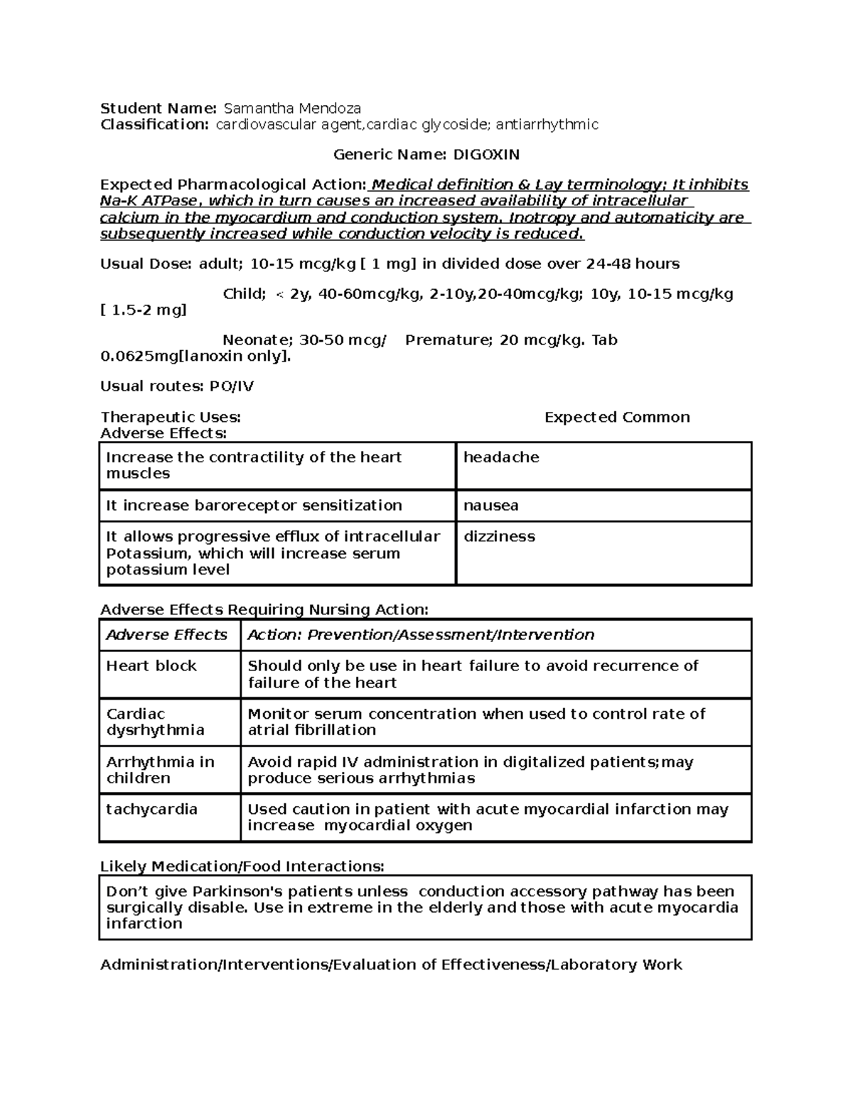 Digoxin - Student Name: Samantha Mendoza Classification: cardiovascular ...