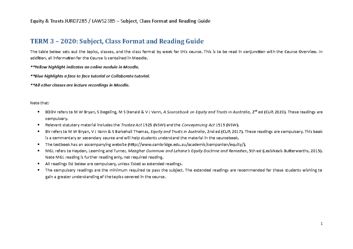 Subject, Class Format and Reading Guide - This is to be read in ...