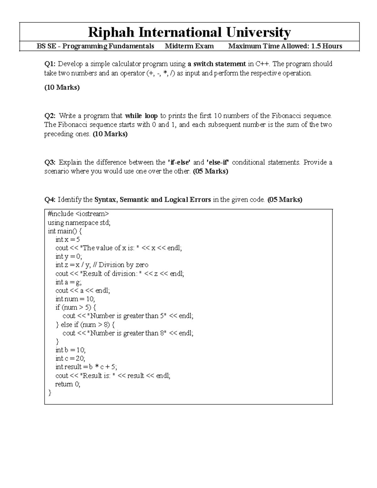 Midterm Exam - FALL 2023 - Riphah International University BS SE - Programming Fundamentals ...