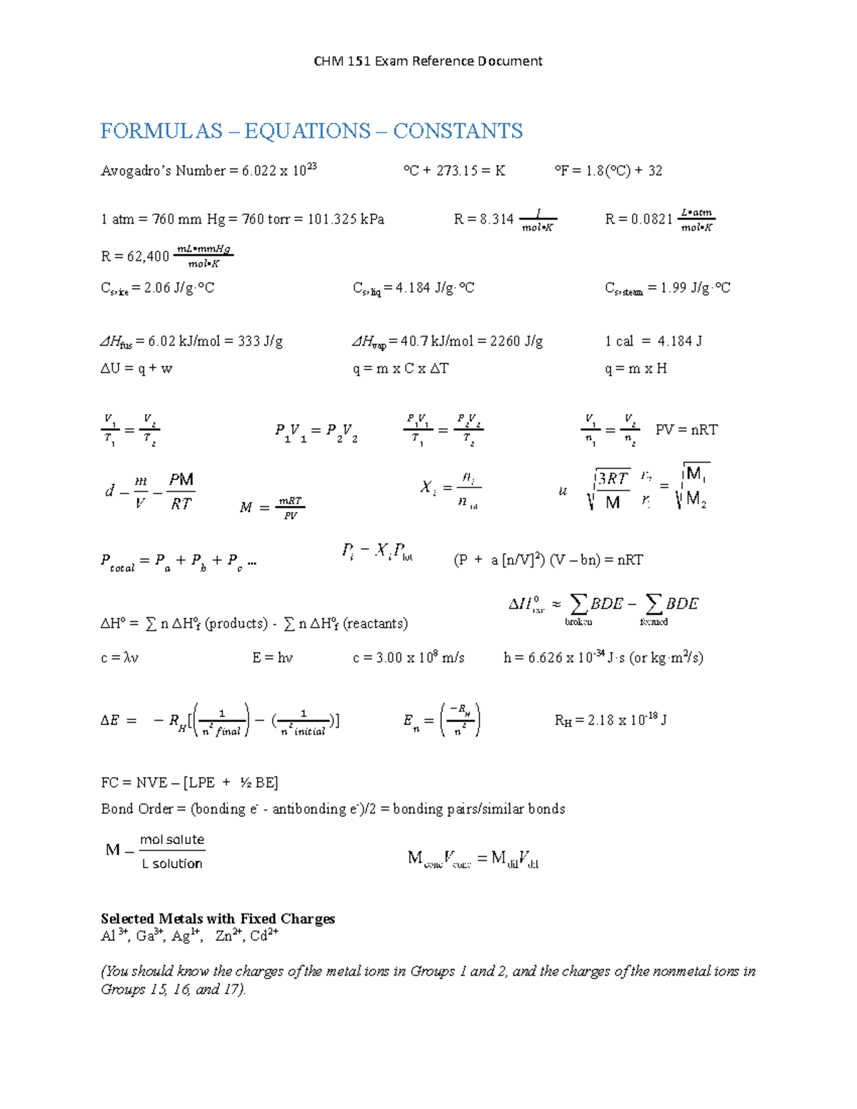 151-Test-CHM151 Exam Reference Document - CHM 151 Exam Reference ...