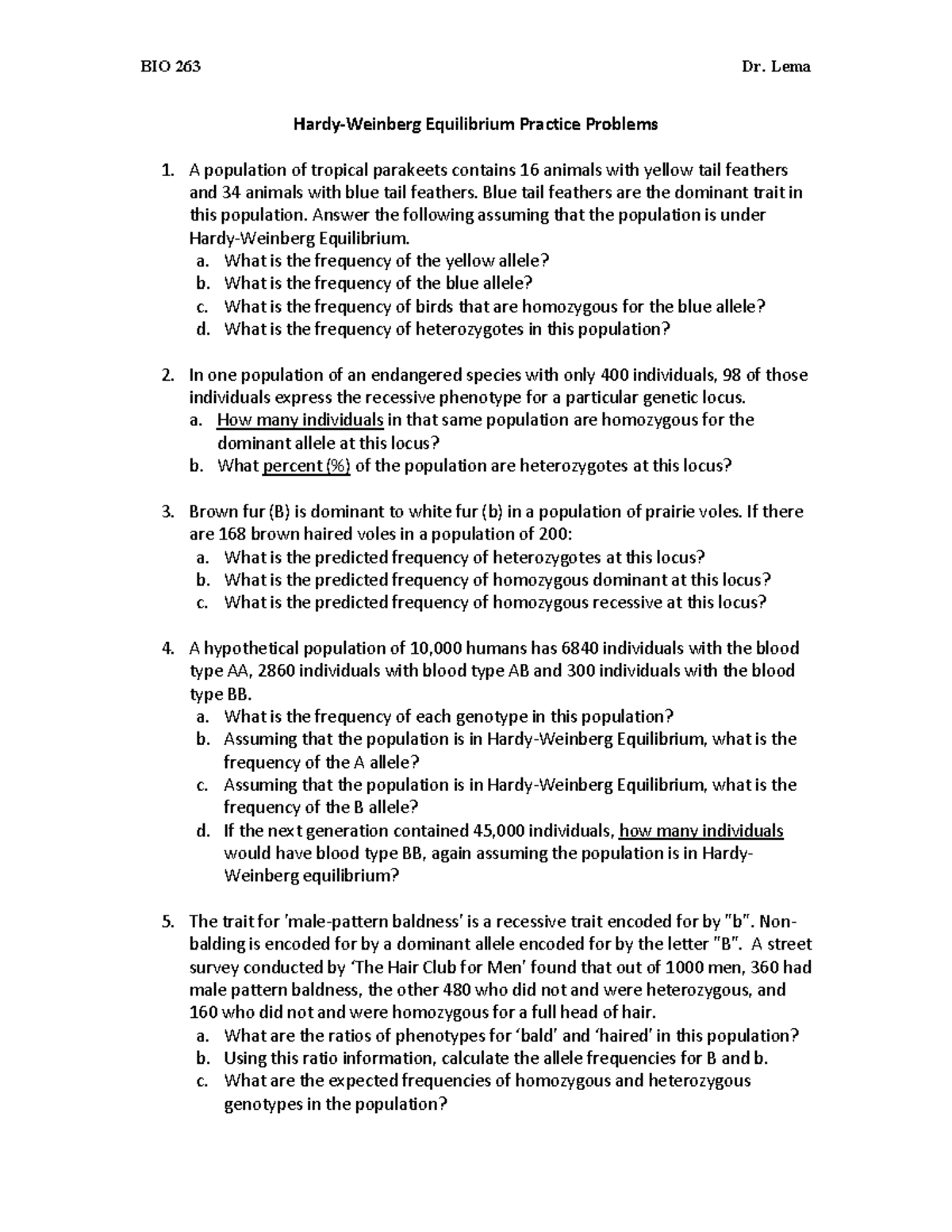 Hardy Weinberg Practice Problems - BIO 263 Dr. Lema Hardy-Weinberg ...