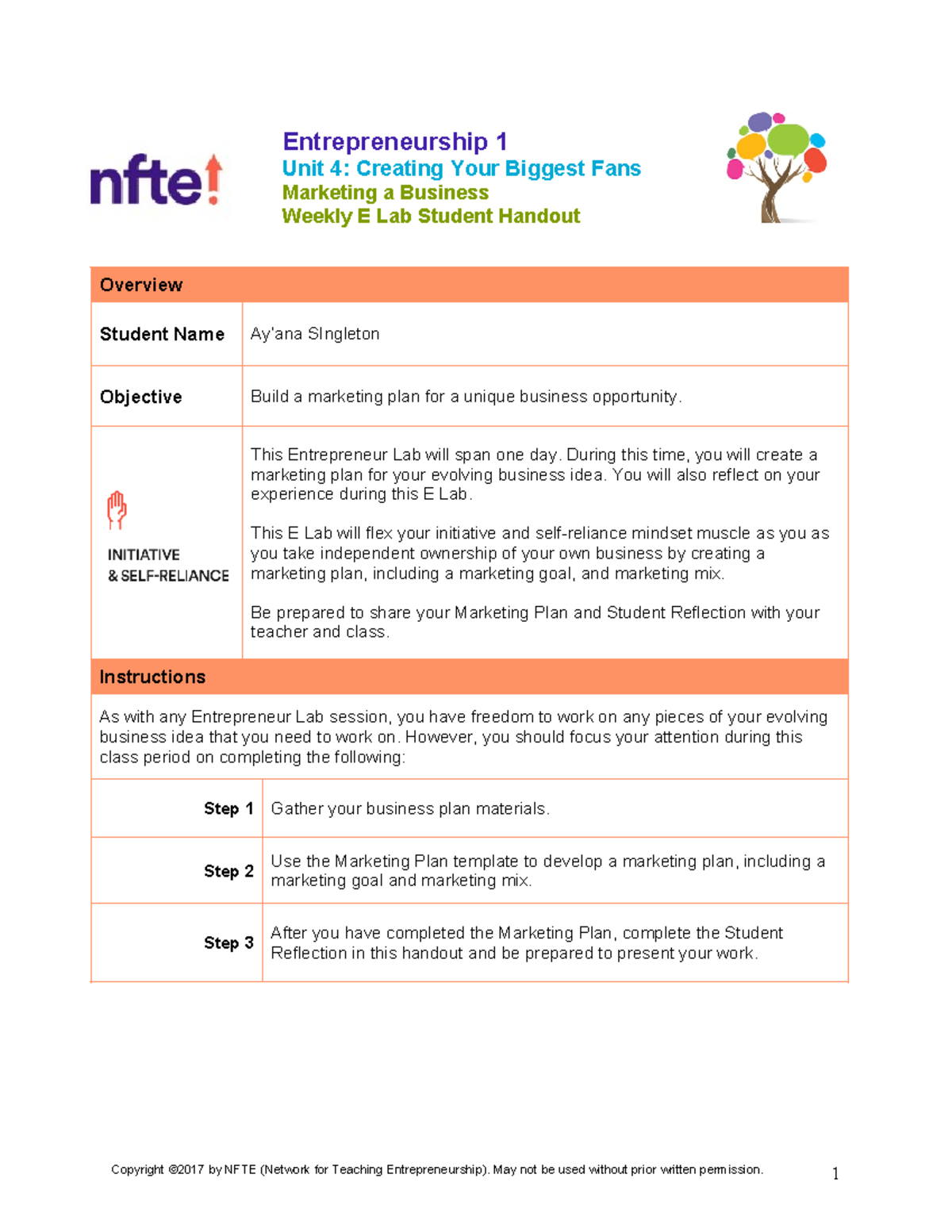 U4 W18 LAB Marketing Plan Student Handout - Entrepreneurship 1 Unit 4 ...