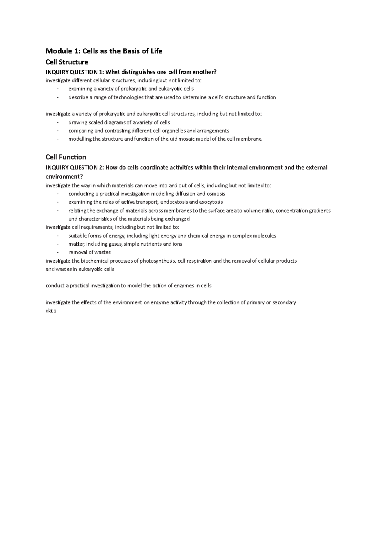 Biology - Module 1 Cells as the Basis of Life - Module 1: Cells as the ...