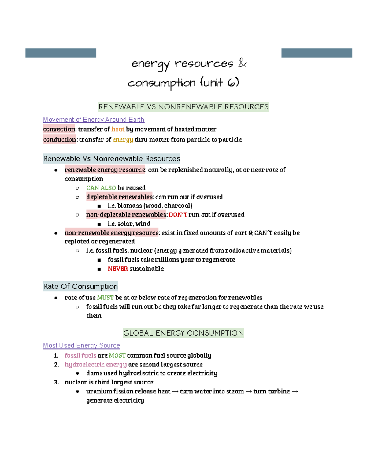 Unit 6 Energy Resources & Consumption - energy resources & consumption (unit 6) RENEWABLE VS ...