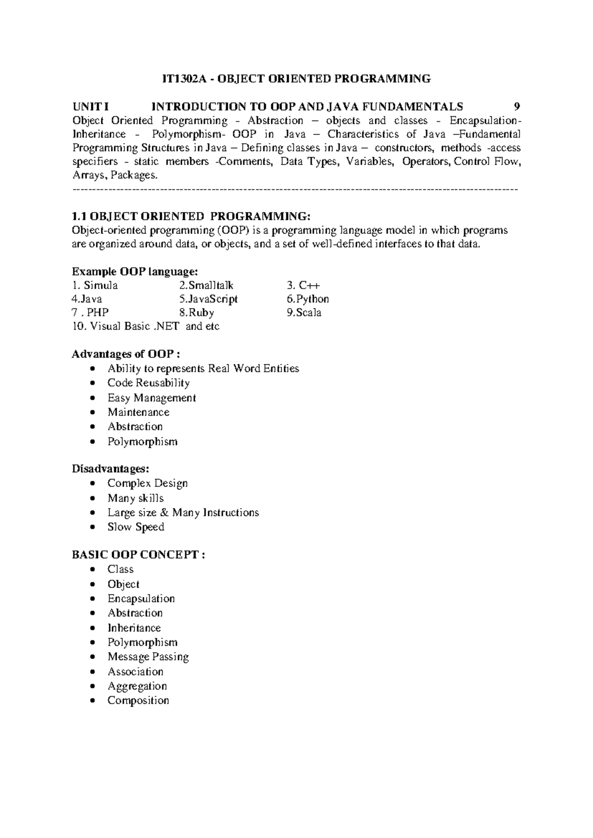 OOPS 1-5 UNIT SA.CLG notes - IT1302A - OBJECT ORIENTED PROGRAMMING UNIT ...