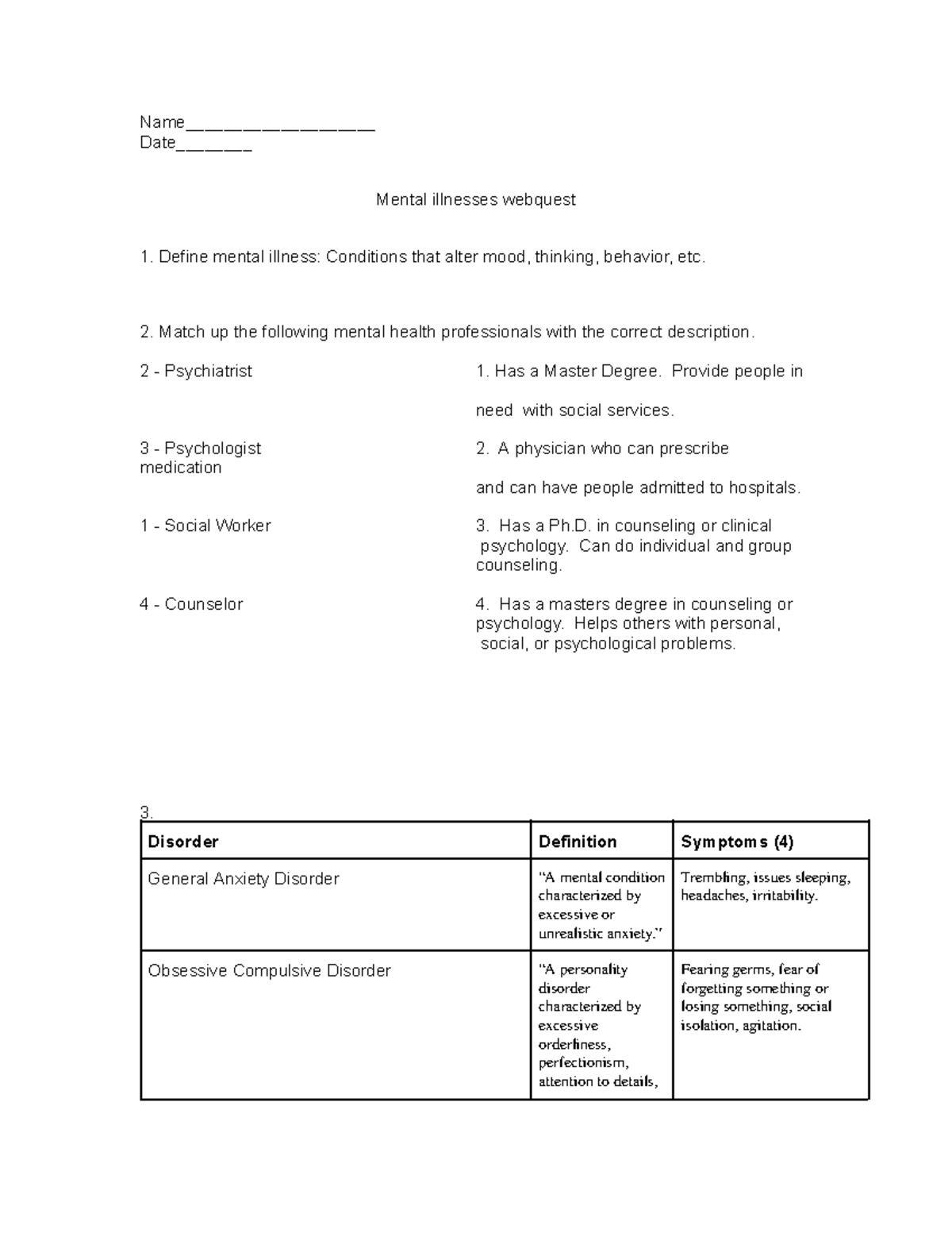Psychological Disorders Web Quest - Name____________________ Date ...